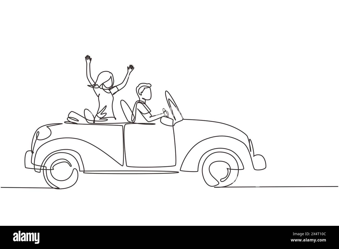 Single continuous line drawing newly married couple groom in vehicle ...