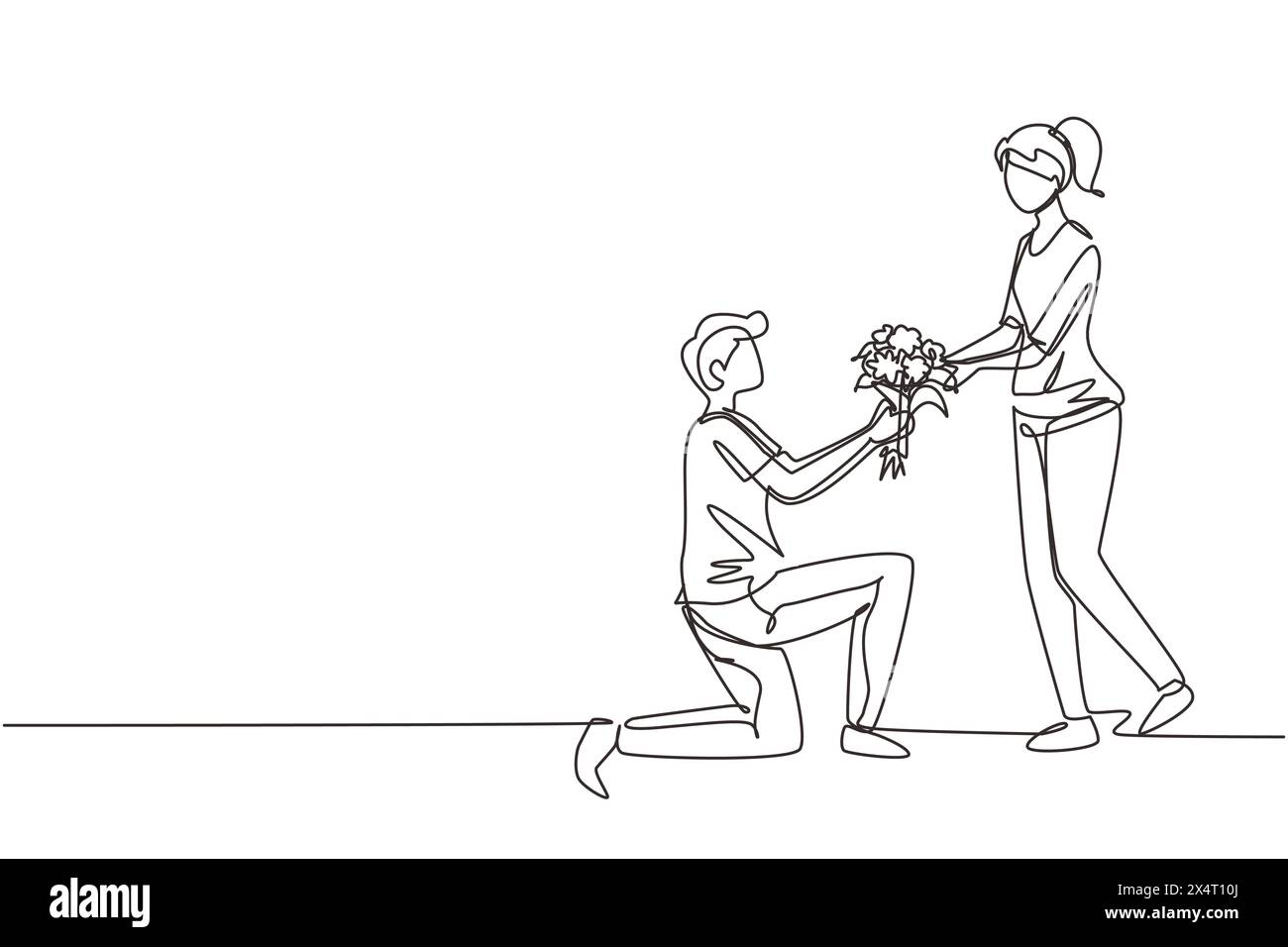Single one line drawing man on knee making marriage proposal to woman ...