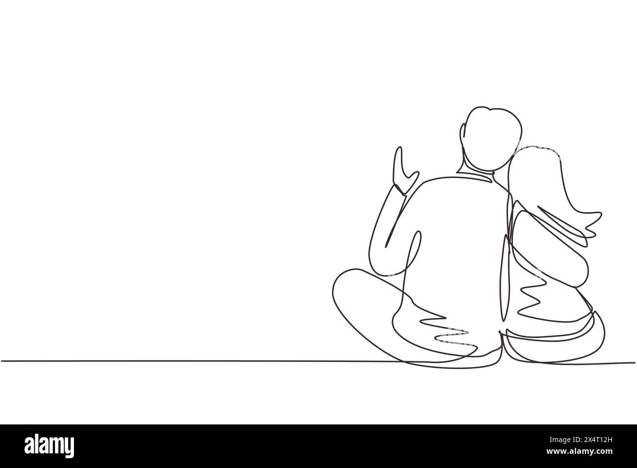 Continuous one line drawing people in love sit hugging and looking at ...