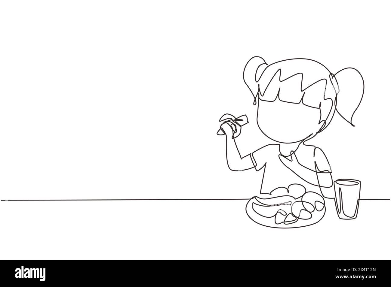 Single continuous line drawing girl eating fruit. Sitting near table ...