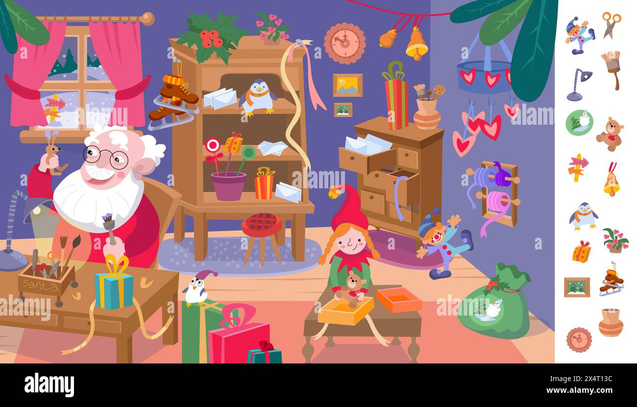 Educational game puzzle for kids. Cute Santa and elf. Workshop with ...