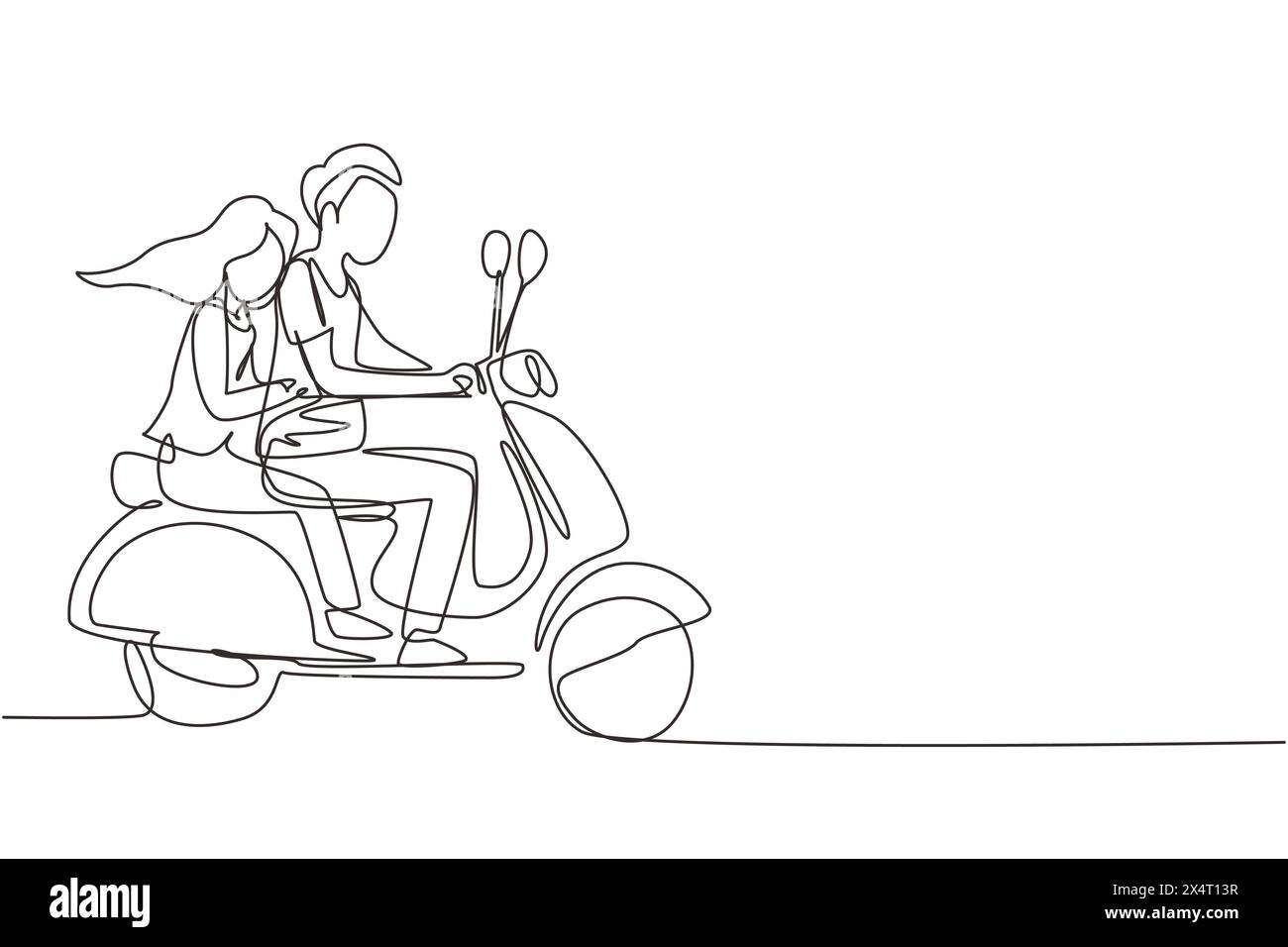 Continuous one line drawing couple riding motorcycle. Man driving ...