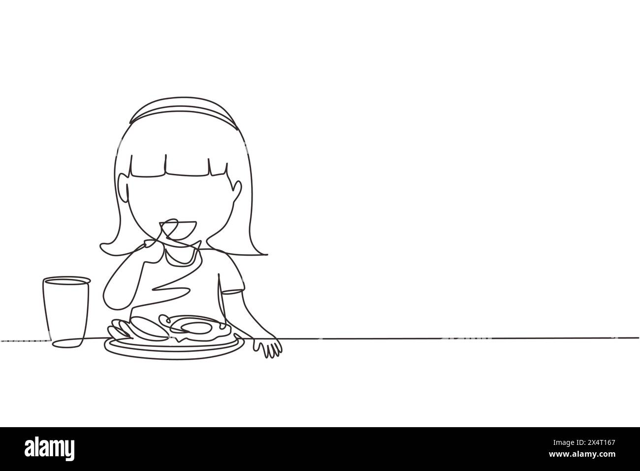 Continuous one line drawing girl eating healthy morning breakfast food. Happy child eat ...