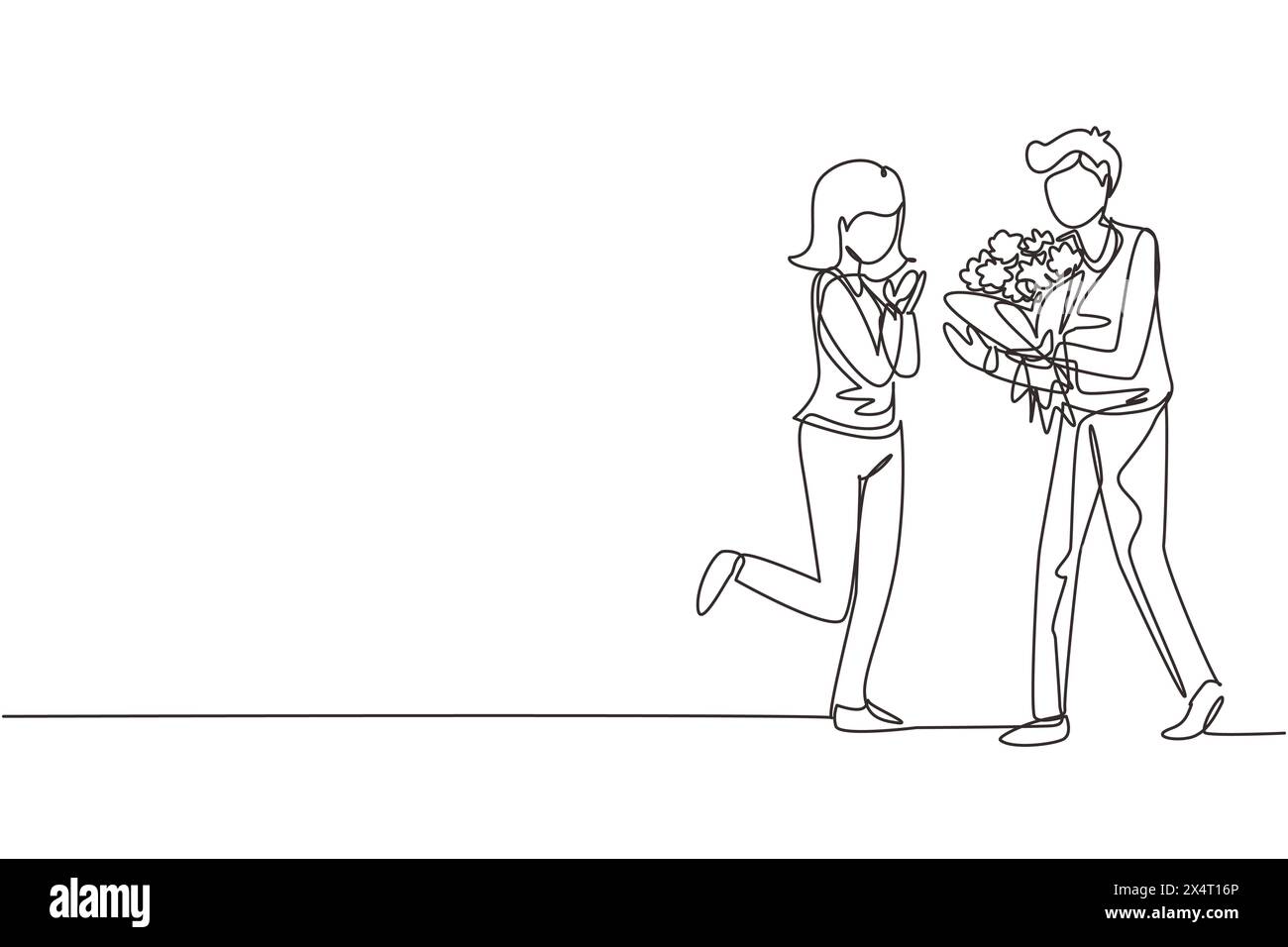 Continuous one line drawing man making proposal marriage to woman with ...