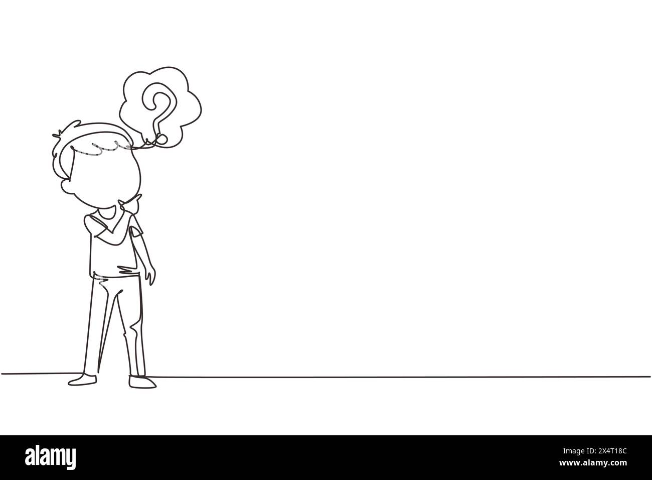 Continuous one line drawing cute boy thinking. Kids think creative idea ...