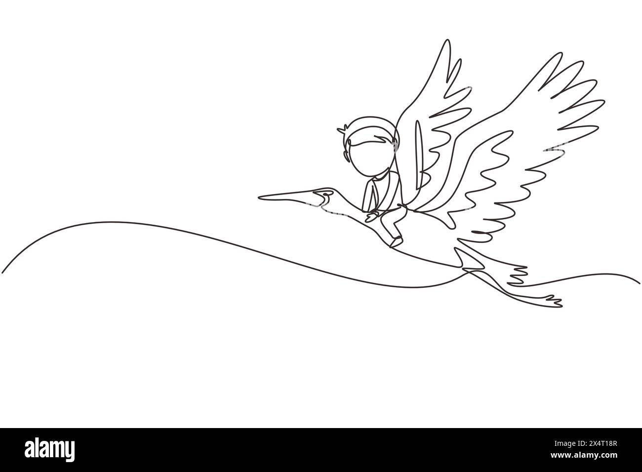 Single one line drawing happy little boy flying with stork. Child fly ...