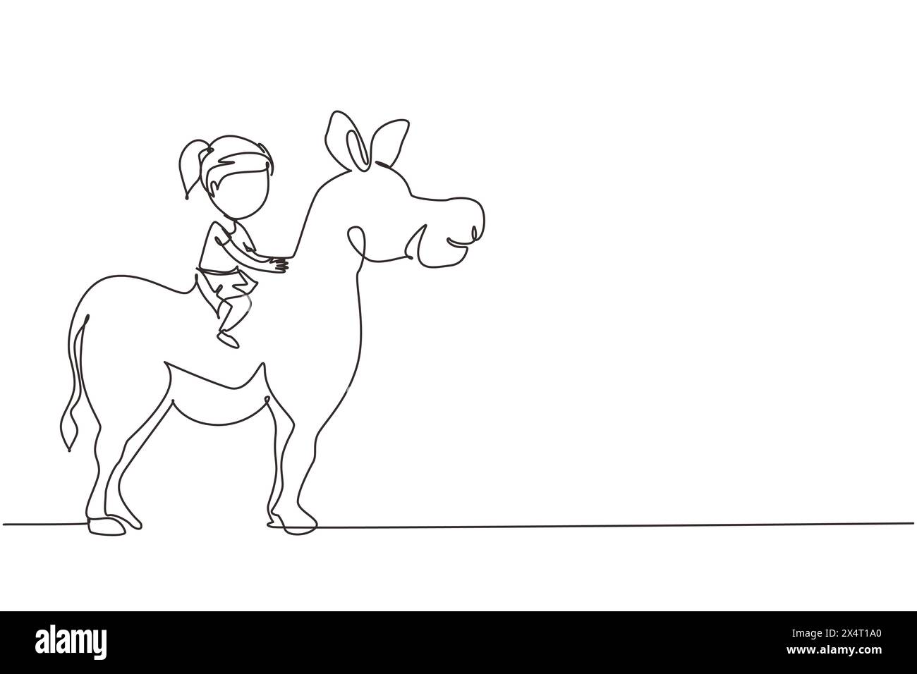 Single one line drawing happy cute girl riding cute donkey. Child ...