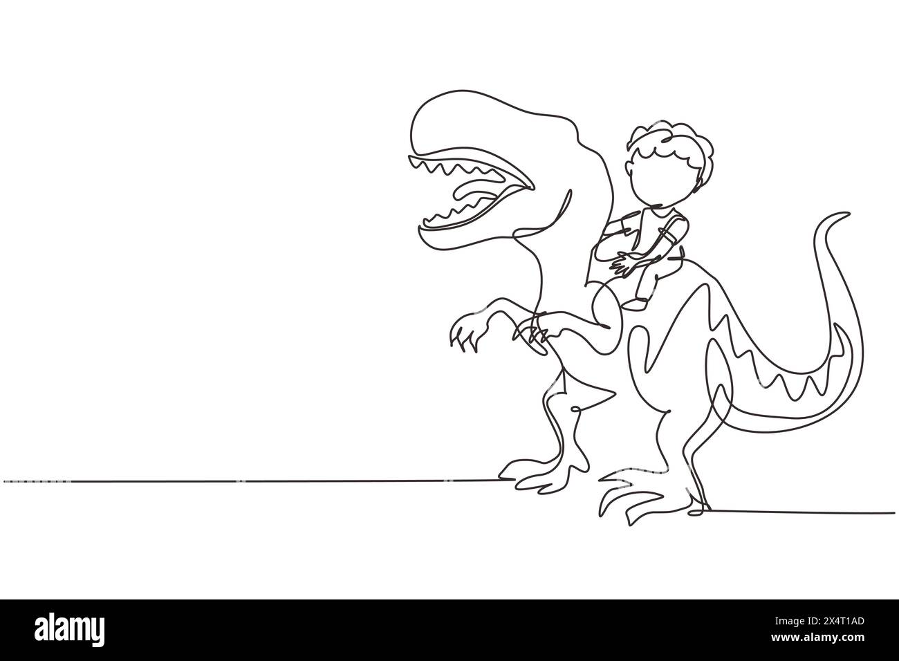 Continuous one line drawing boy caveman riding t-rex tyrannosaurus ...