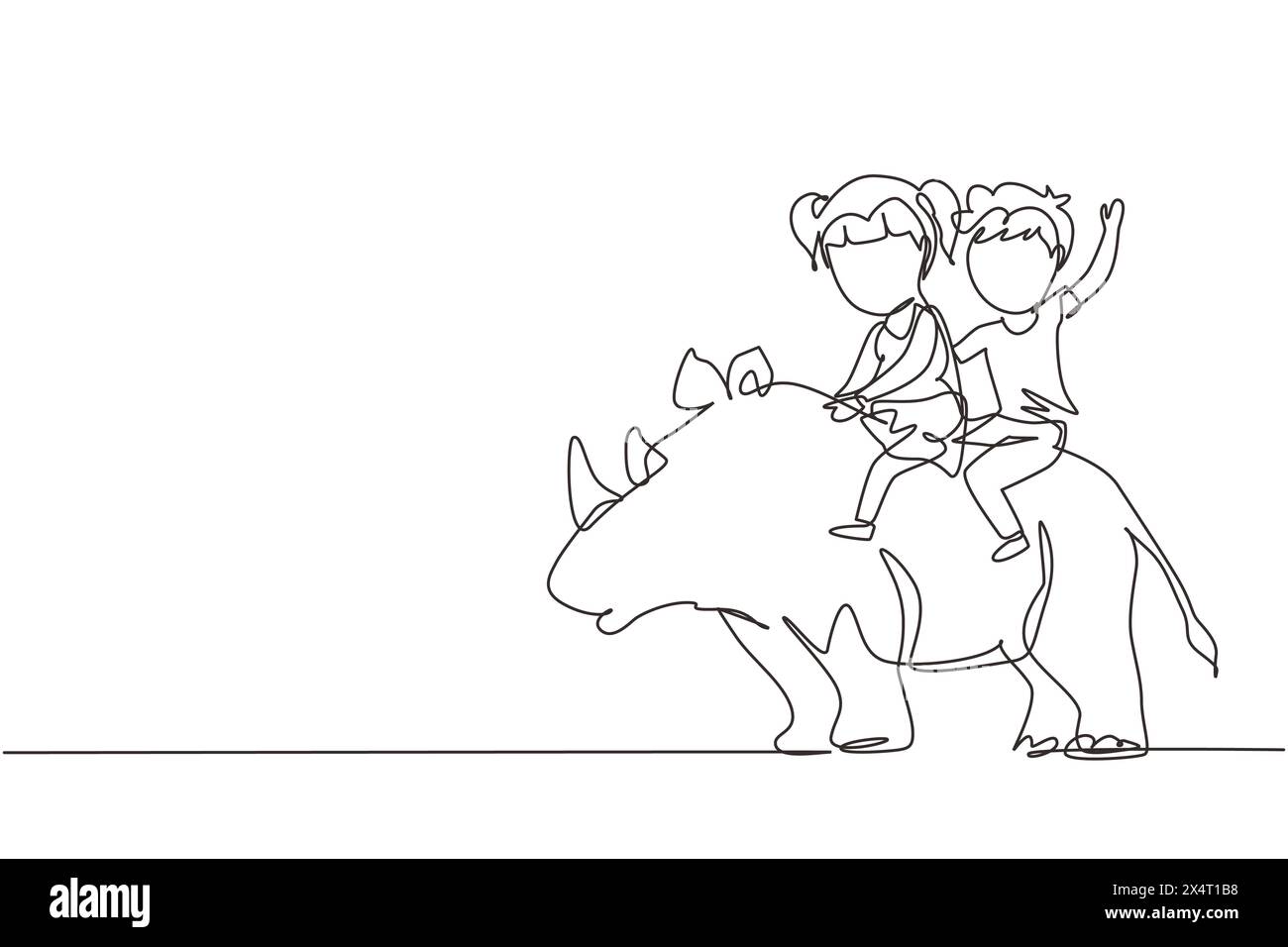 Single one line drawing happy boy and girl riding rhino rhinoceros ...