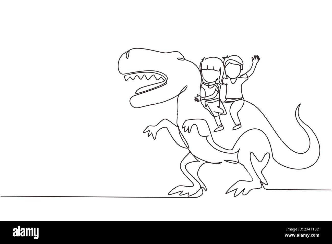 Continuous one line drawing boy and girl caveman riding t-rex ...