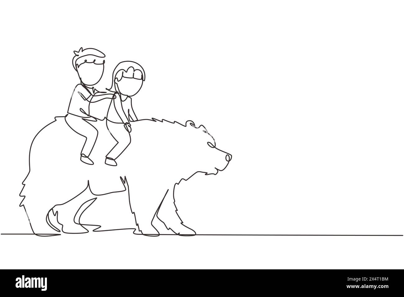 Continuous one line drawing happy boy and girl riding brown grizzly ...