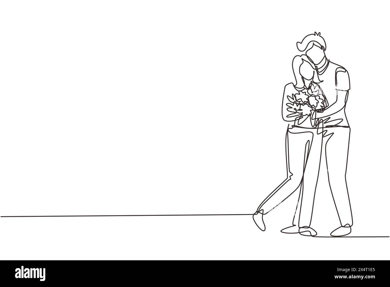 Single continuous line drawing man gives flowers to woman and hug her ...