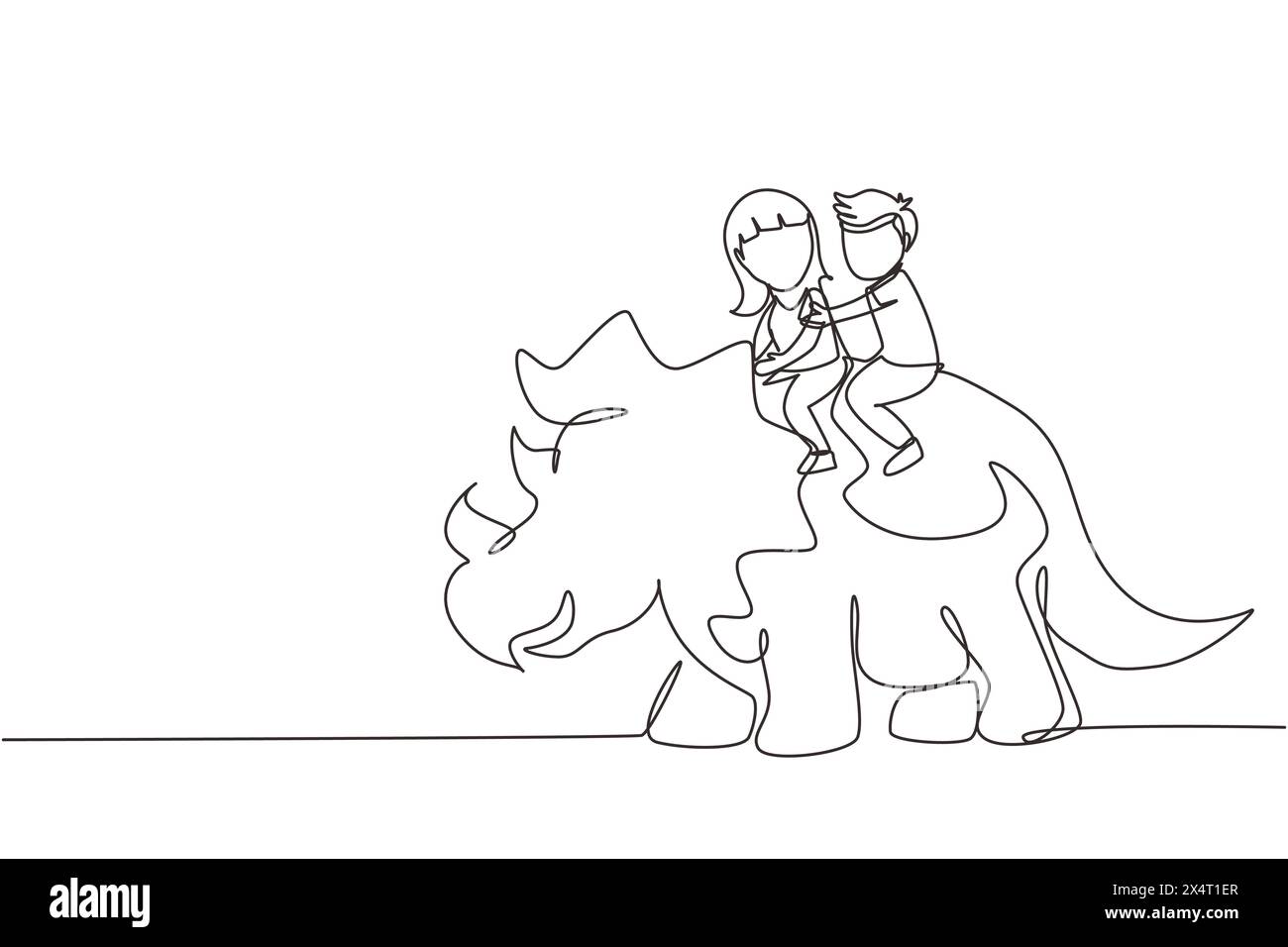 Single continuous line drawing little boy and girl caveman riding ...