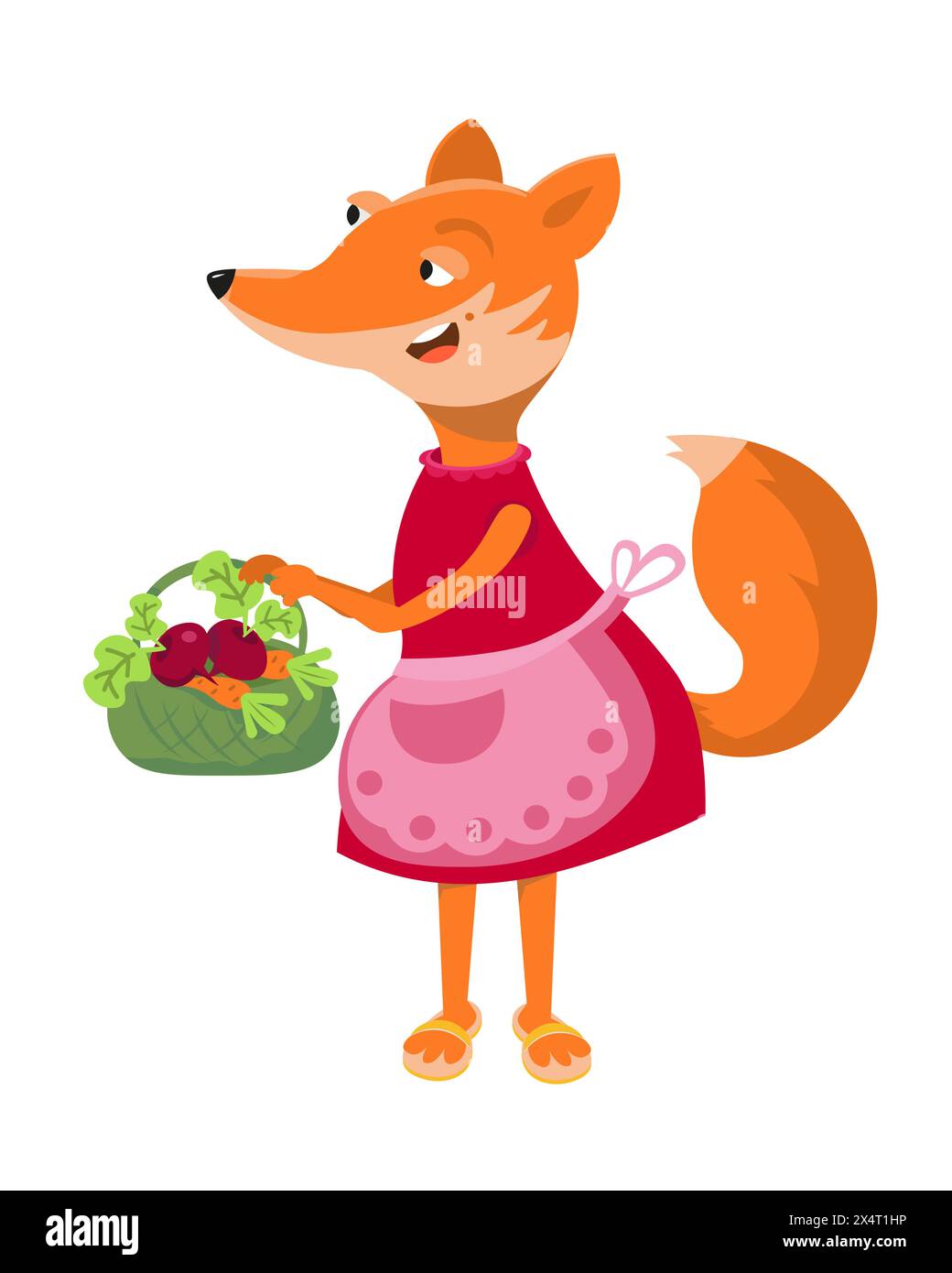 Cute mother fox in apron with basket of vegetables. Cartoon funny ...
