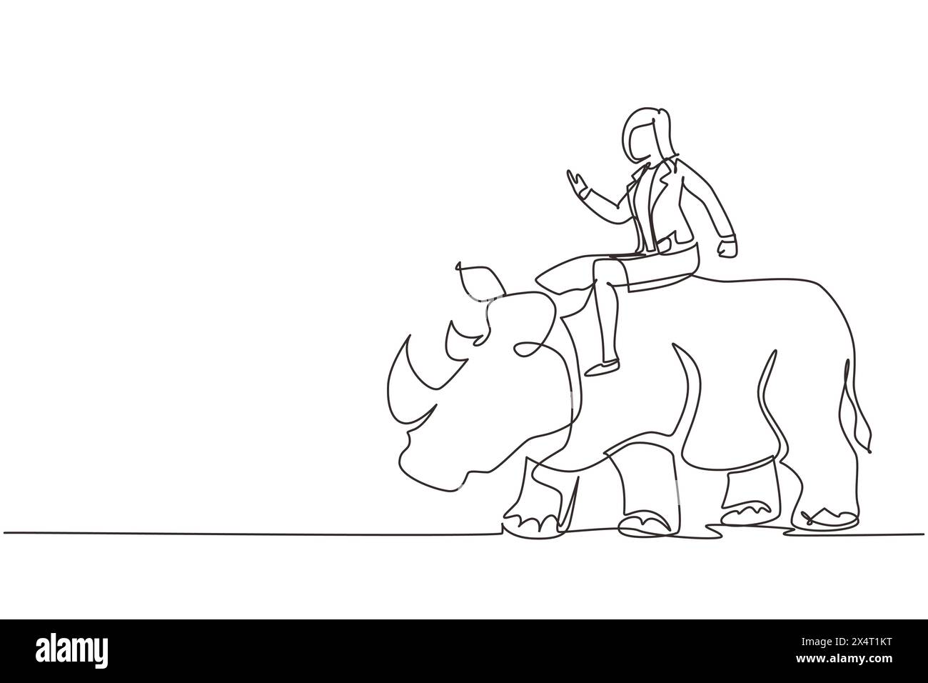 Single continuous line drawing businesswoman riding rhinoceros symbol ...