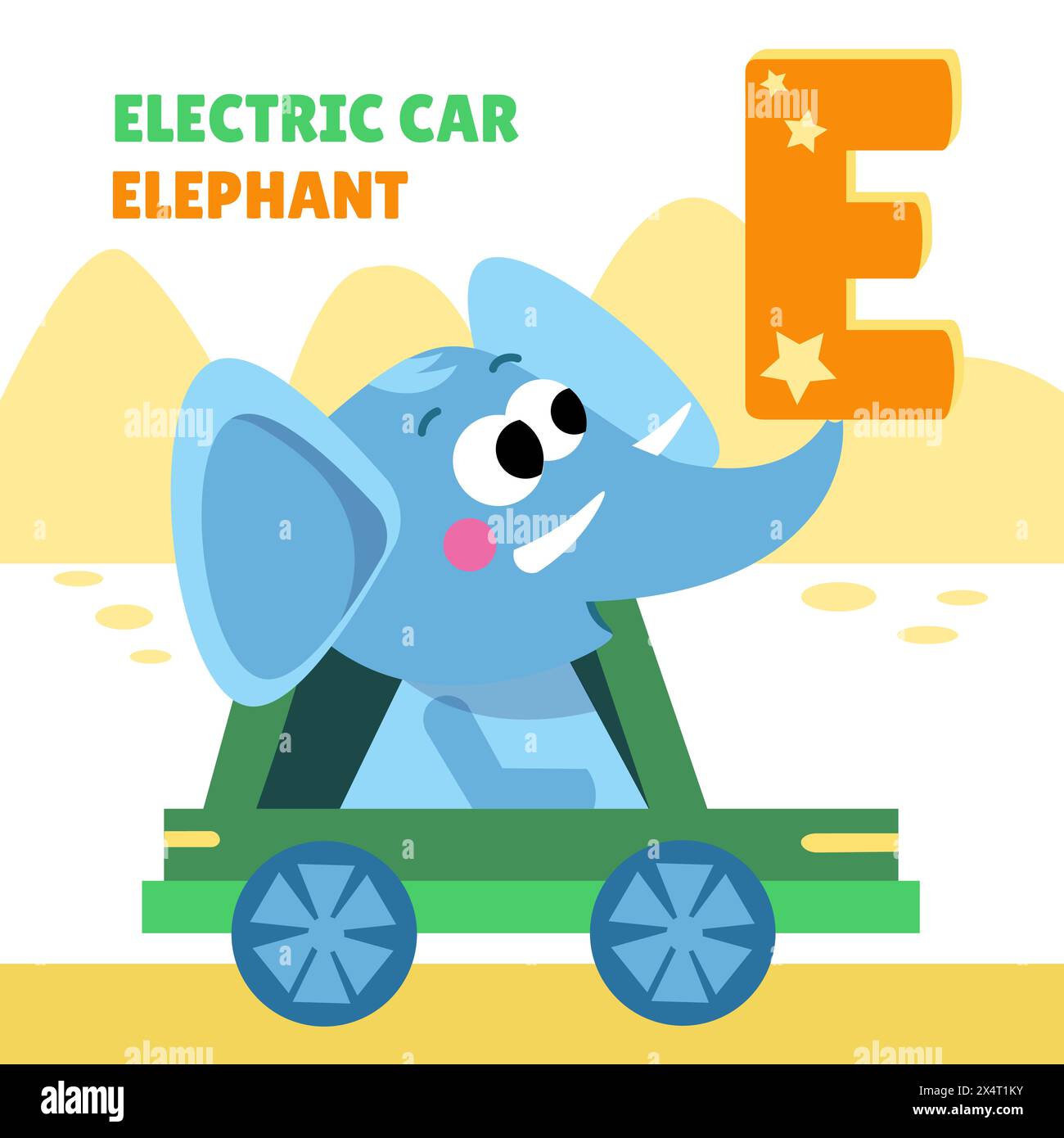 Letter E. Alphabet, card with cute cartoon style characters. Elephant ...