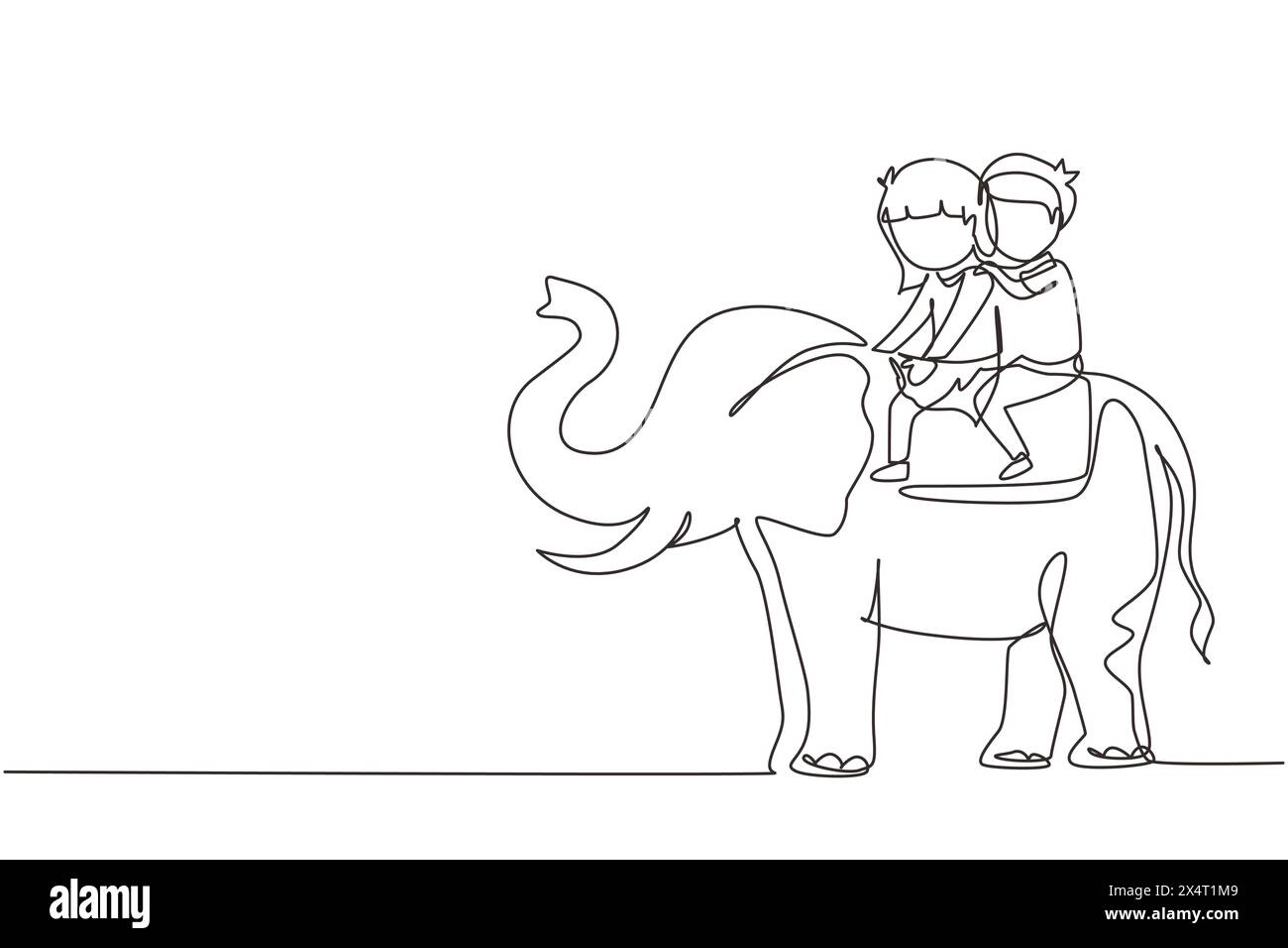 Single continuous line drawing happy little boy and girl riding ...
