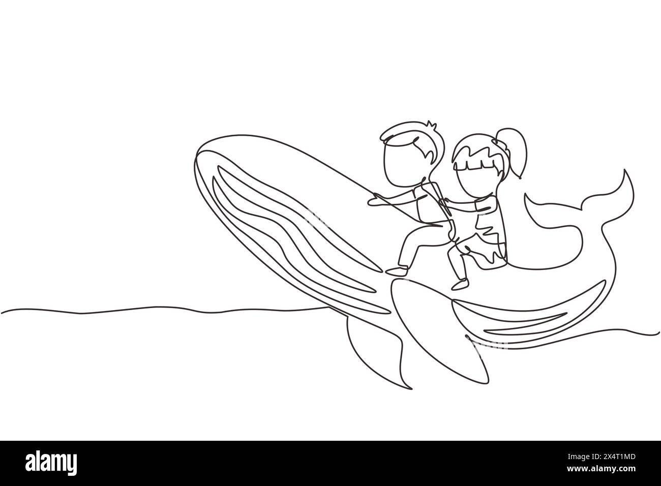 Single one line drawing little boy and girl riding blue whale together ...