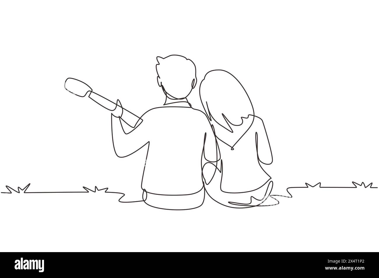Single one line drawing Couple playing guitar on summer season. Hugging ...