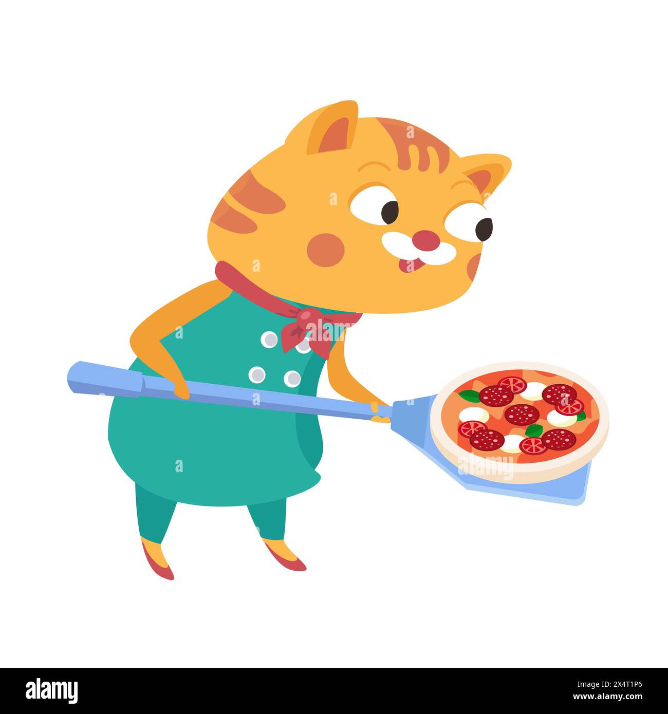 Cute pizzaiolo cat with pizza on shovel. Cartoon funny character for ...