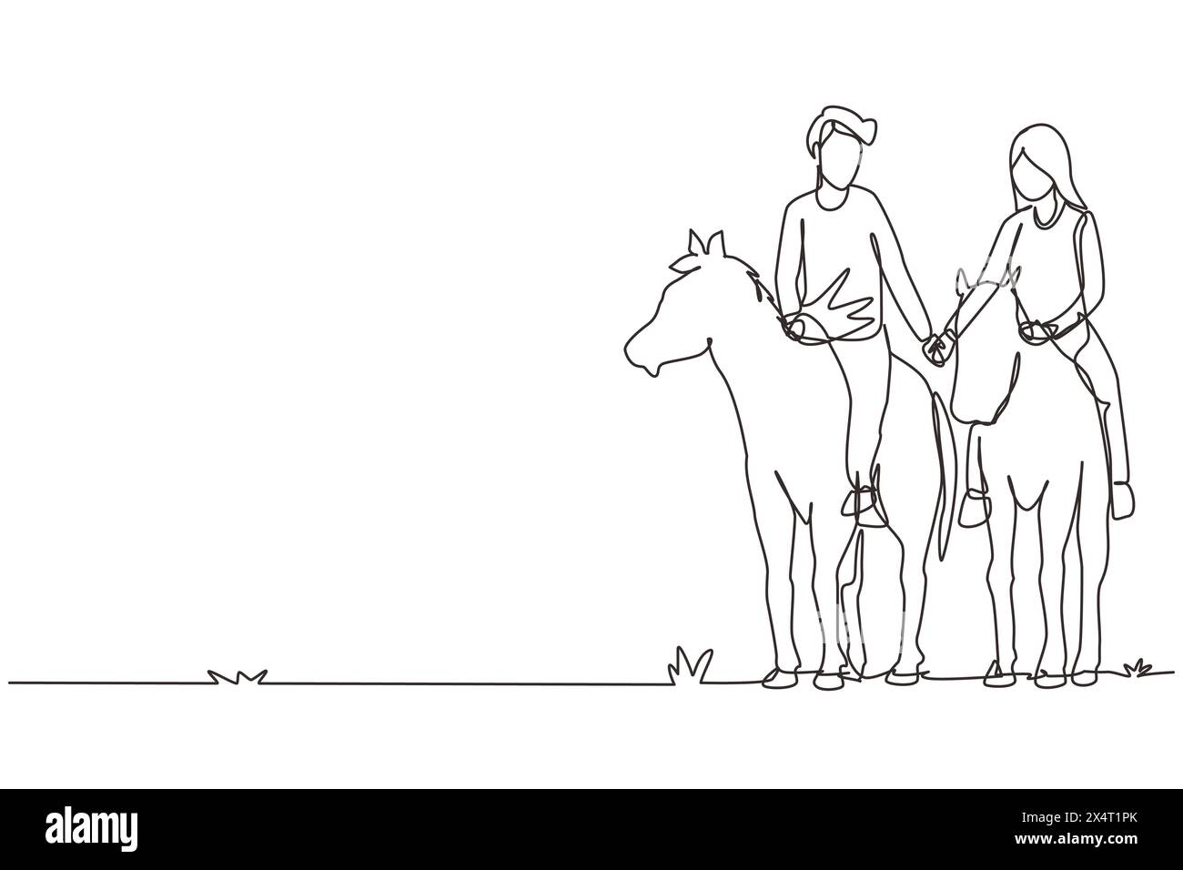 Continuous one line drawing couple riding horses hand in hand at sunset ...
