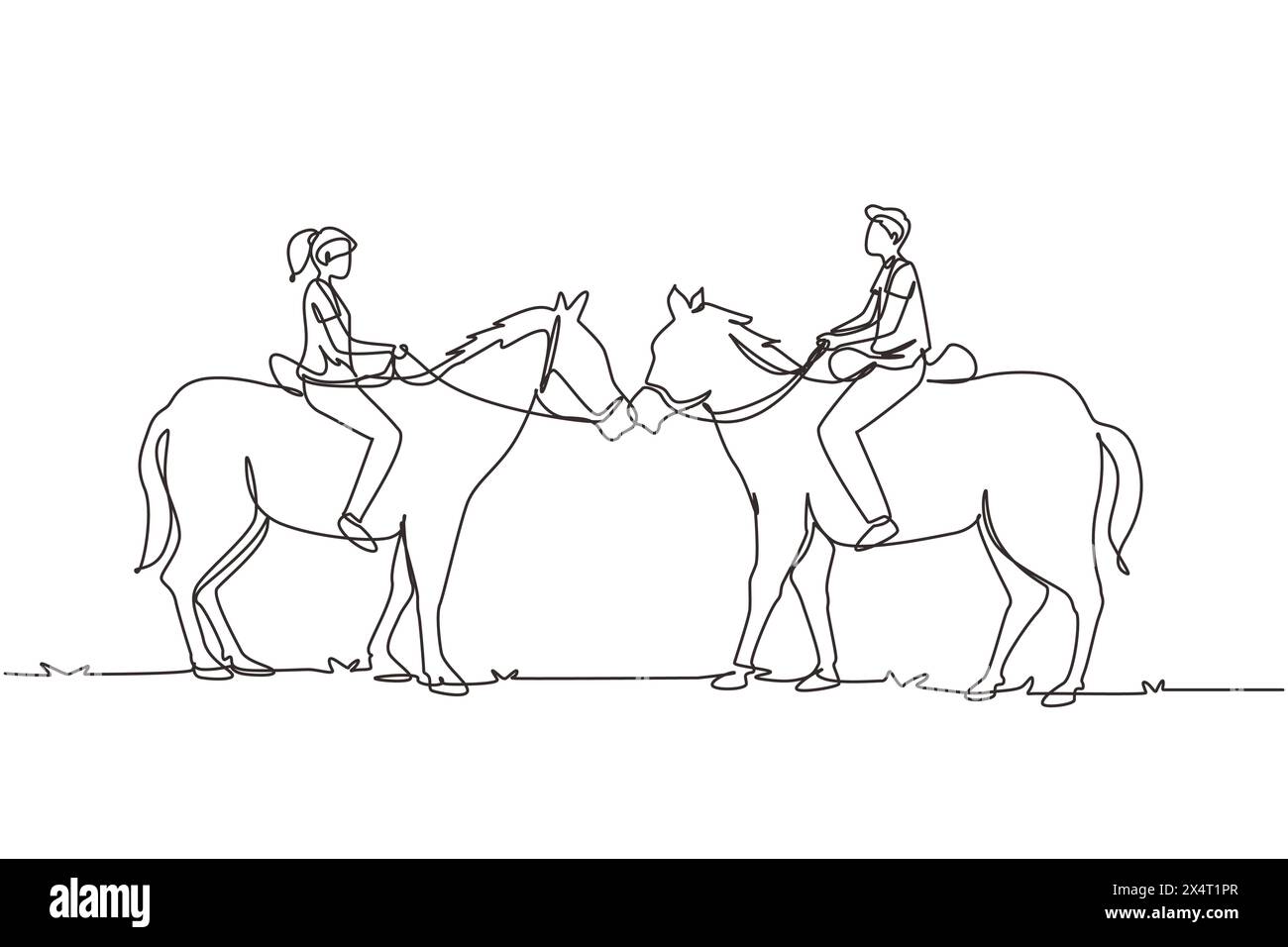 Single continuous line drawing romantic couple in love riding horse ...