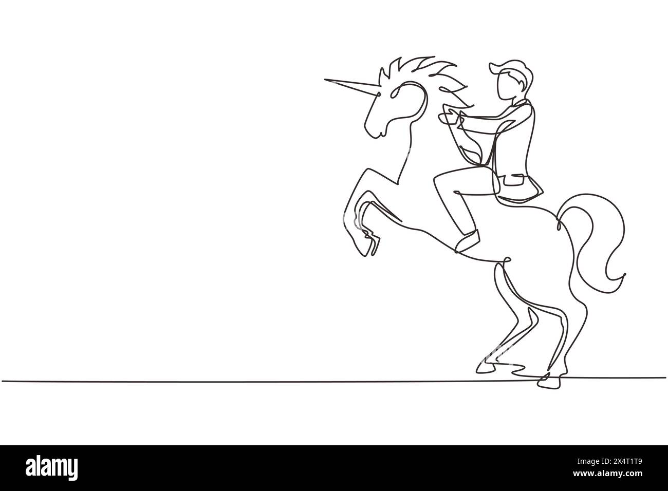 Single continuous line drawing businessman riding unicorn symbol of ...