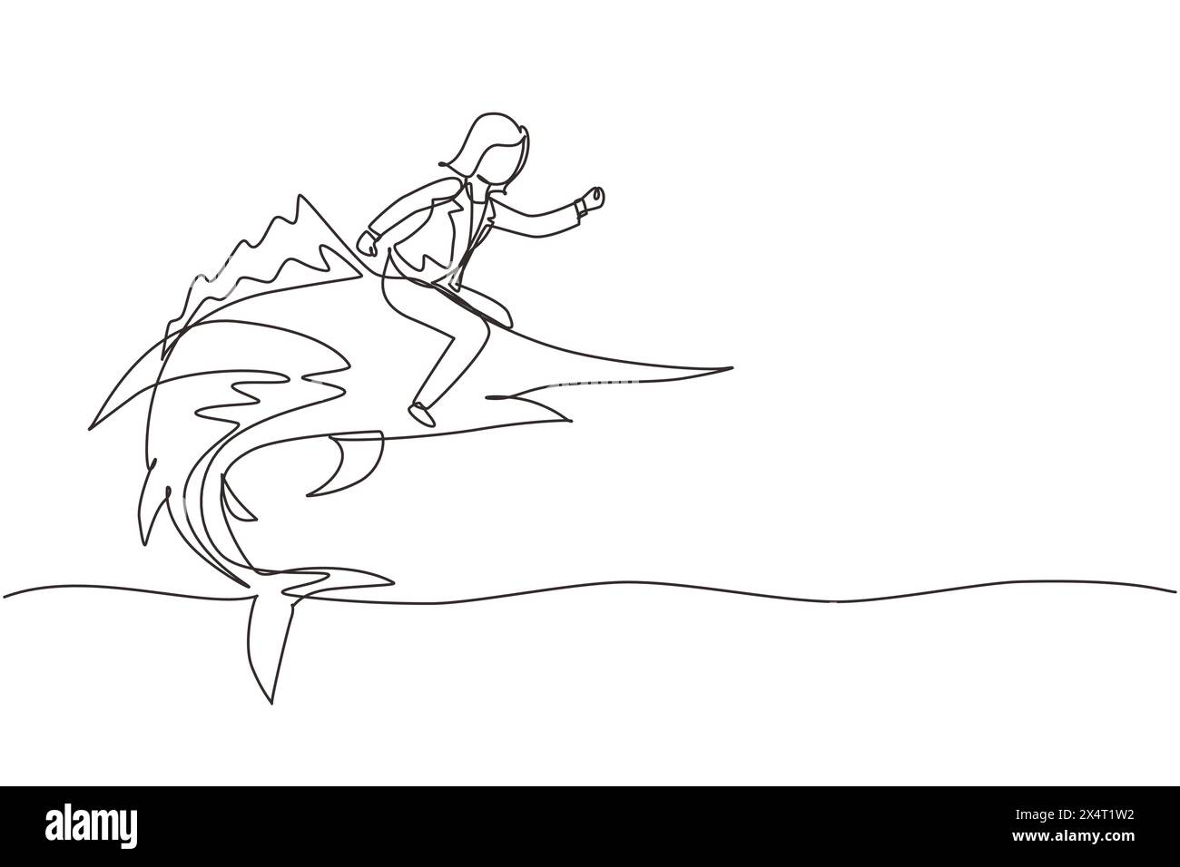 Single continuous line drawing brave businesswoman riding huge ...