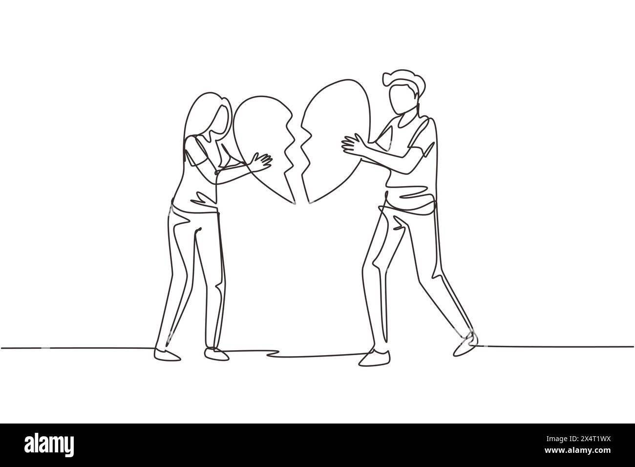 Single one line drawing heartbroken couple parting, divorce. Sad young ...