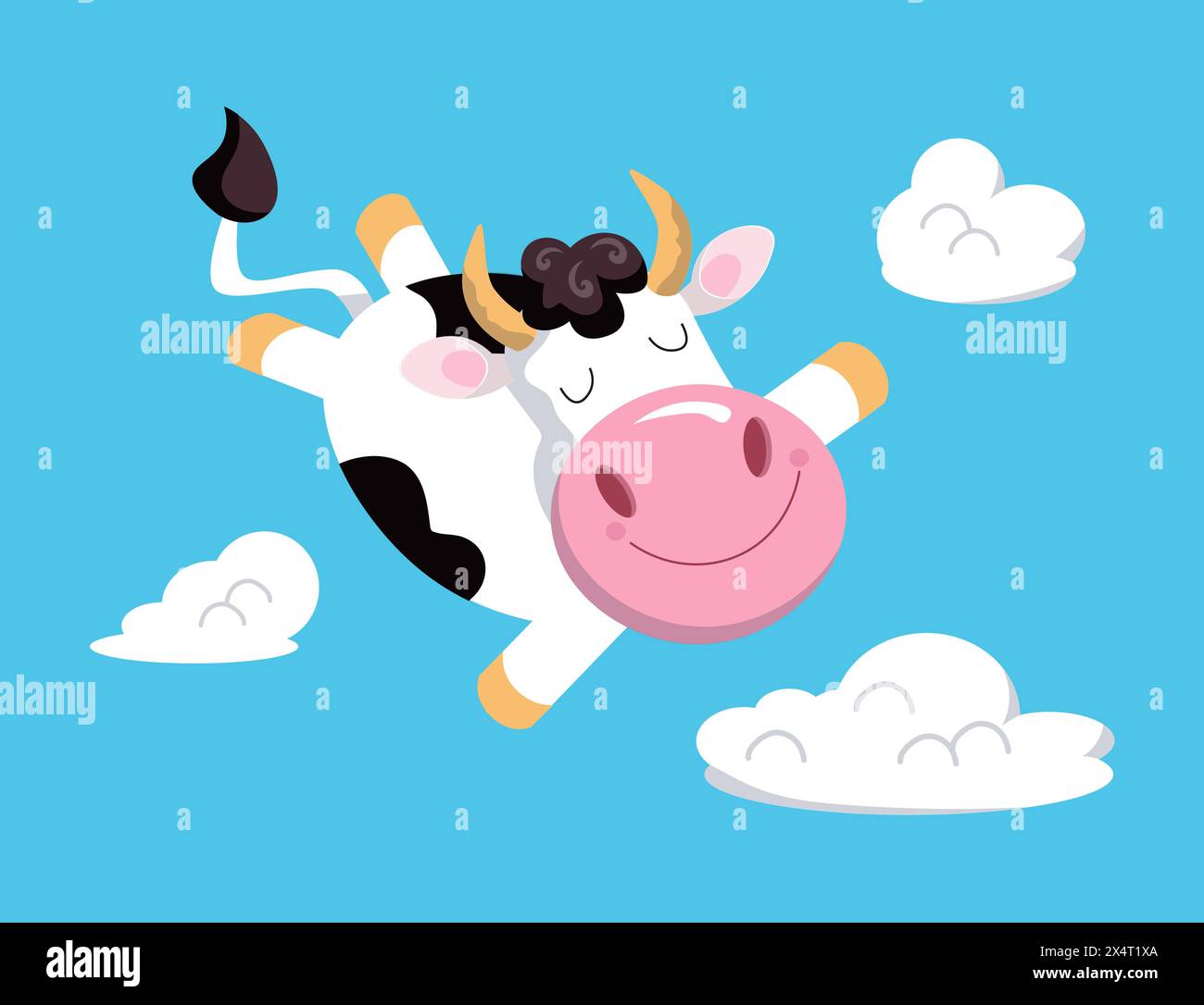 Cute funny cow fly in sky between clouds. Vector illustration, cartoon ...