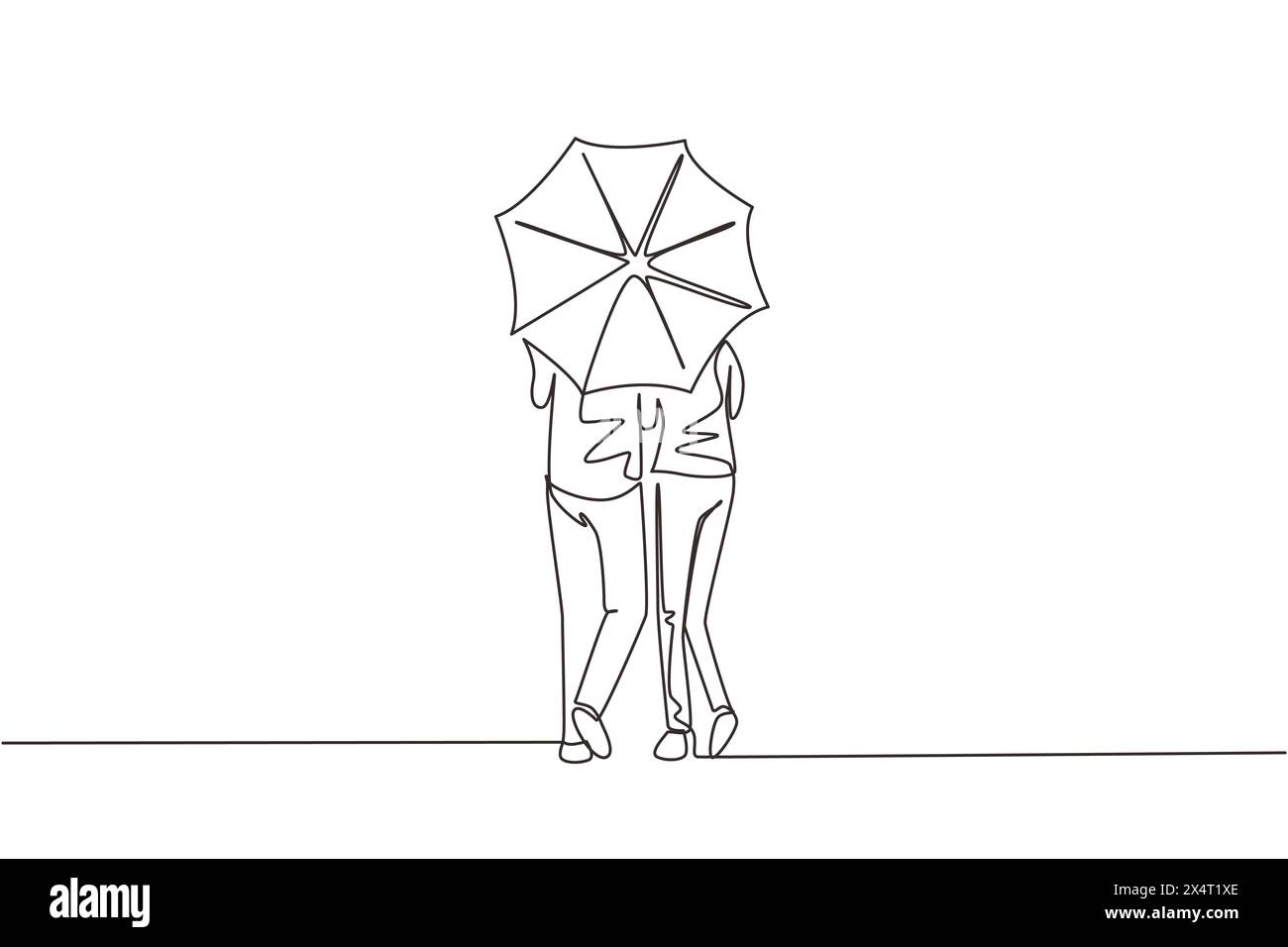 Single one line drawing back view young couple man woman, cute girl and ...