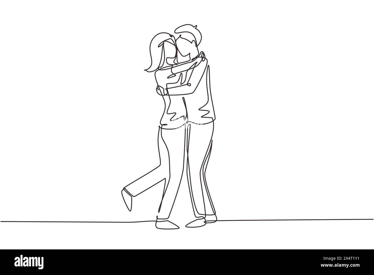 Single one line drawing cute couple in romantic pose. Happy man hugging ...