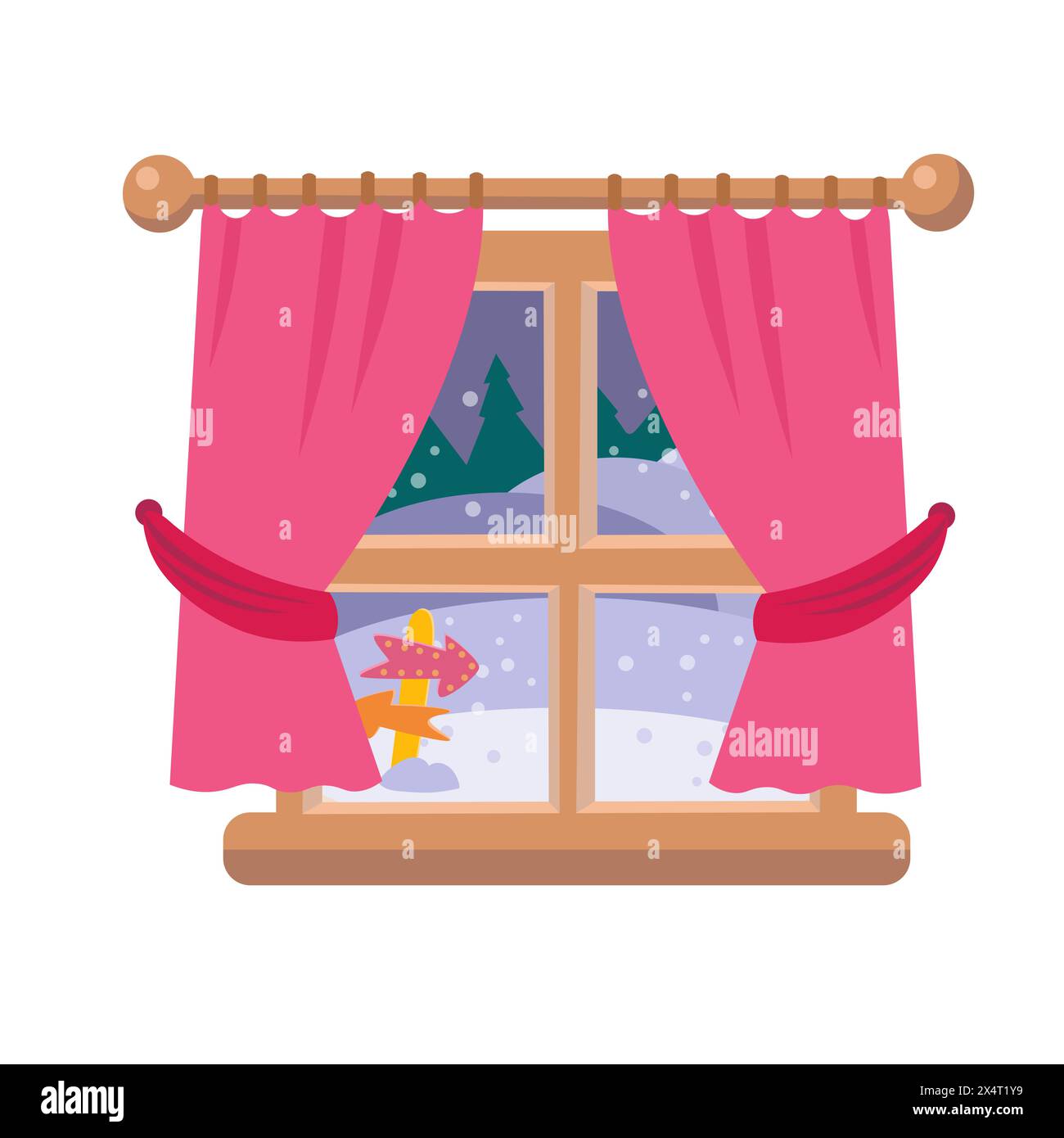 Window with pink curtains in cartoon style. Vector illustrations ...