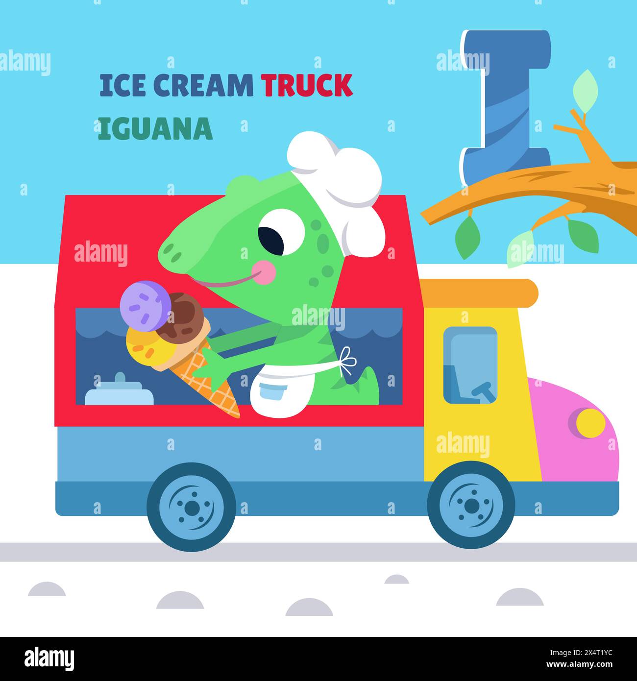 Letter I. Alphabet, card with cute cartoon style characters. Iguana and ...