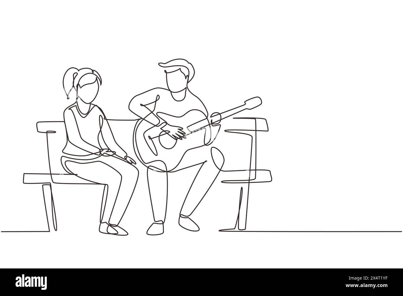 Single continuous line drawing people sitting on wooden bench in park ...