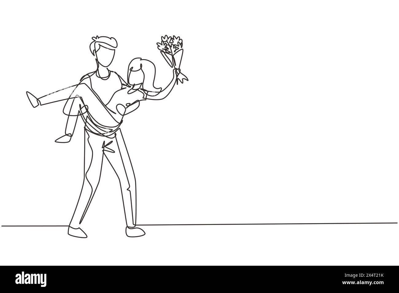 Single one line drawing man holding a woman and making marriage ...