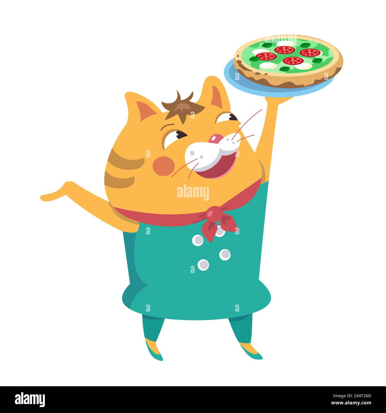 Cute pizzaiolo cat with pizza on plate. Cartoon funny character for ...