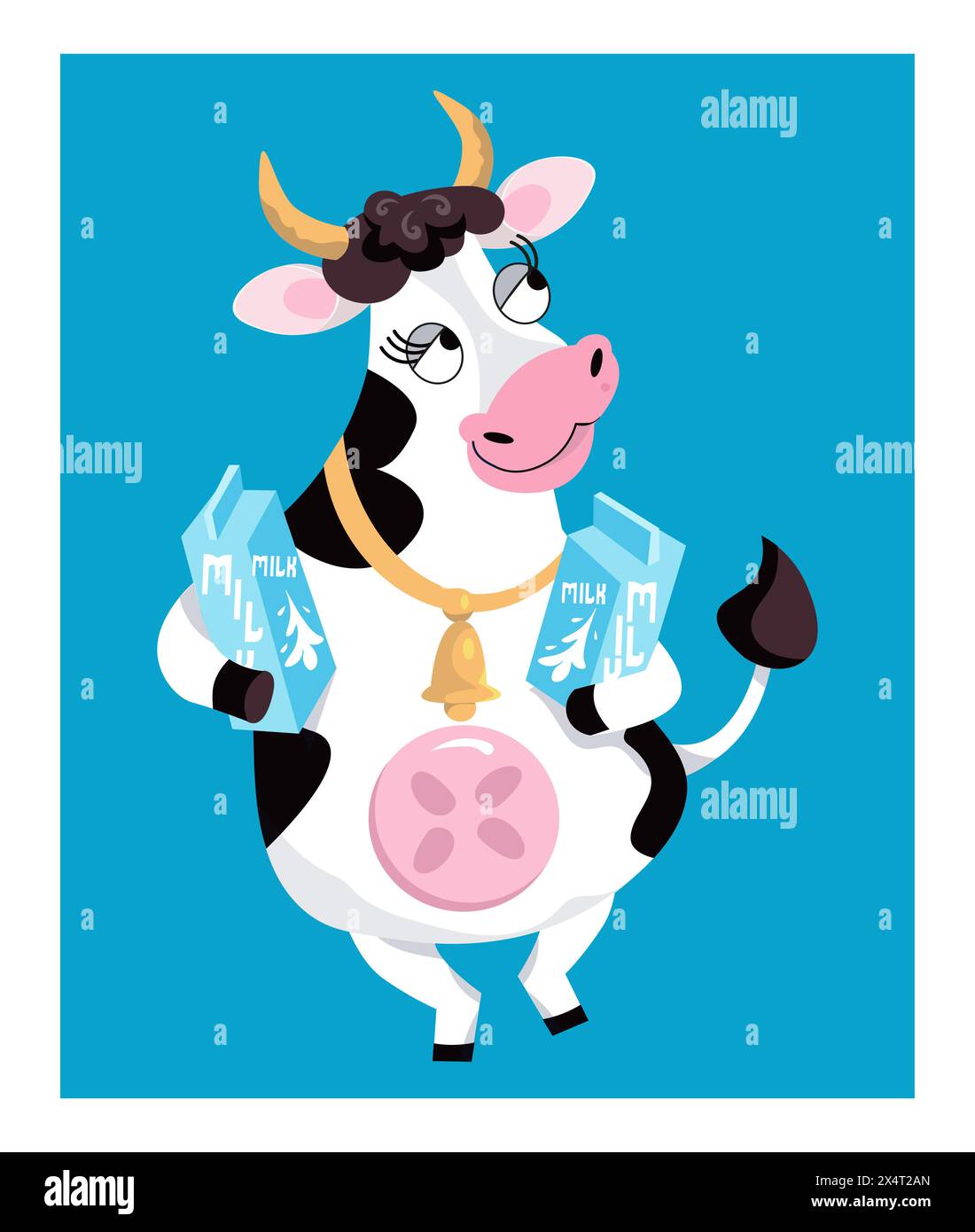 Cute funny cow walk with bags of milk. Vector illustration, cartoon ...