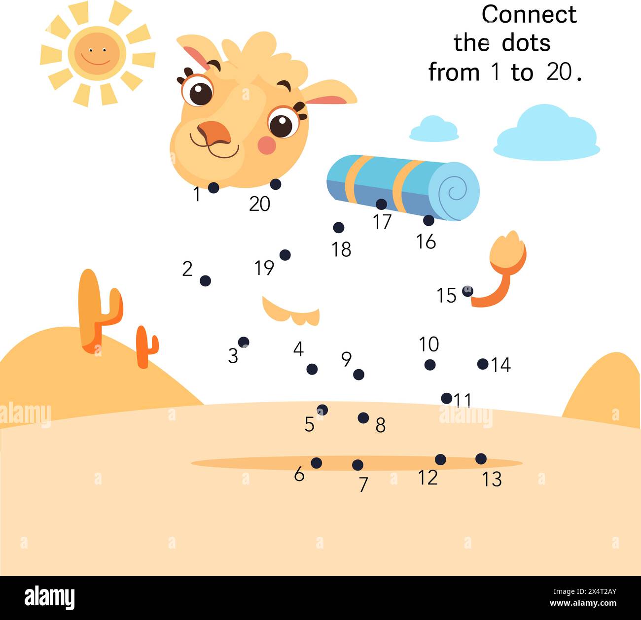 Cute cartoon one-humped African camel with load on back in desert. Flat ...