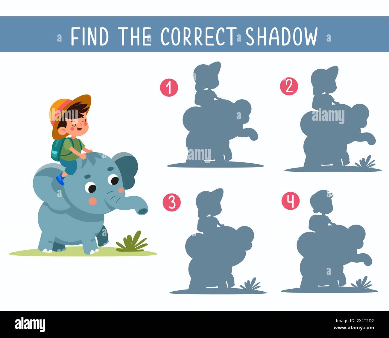 Find the right shadow. Game for children. Cute cartoon elephant and boy ...