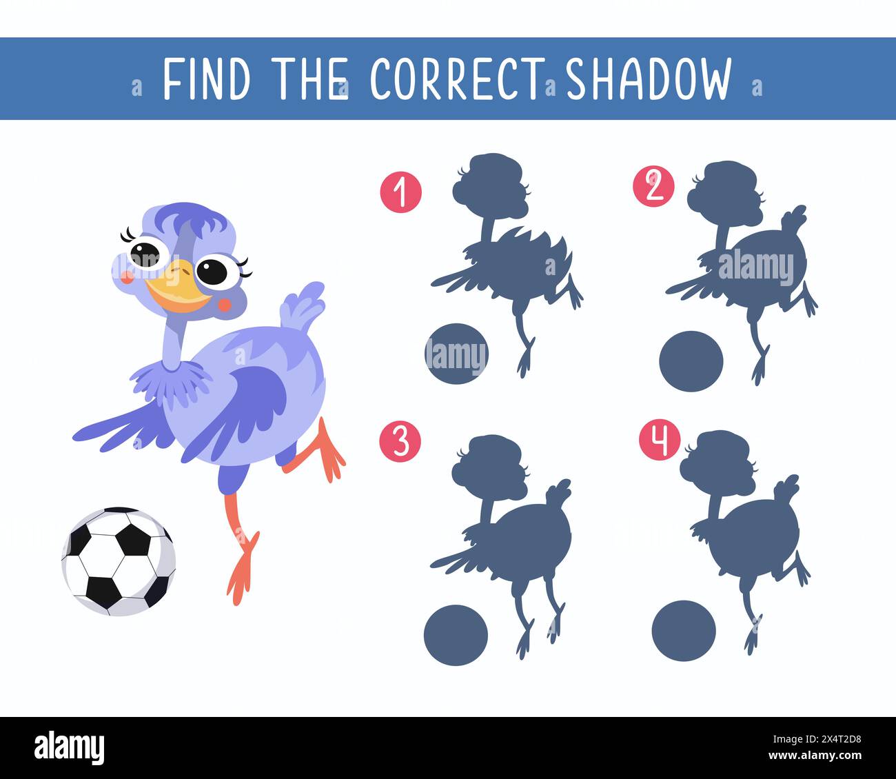 Find the right shadow. Puzzle game for kids. Cute ostrich playing ...