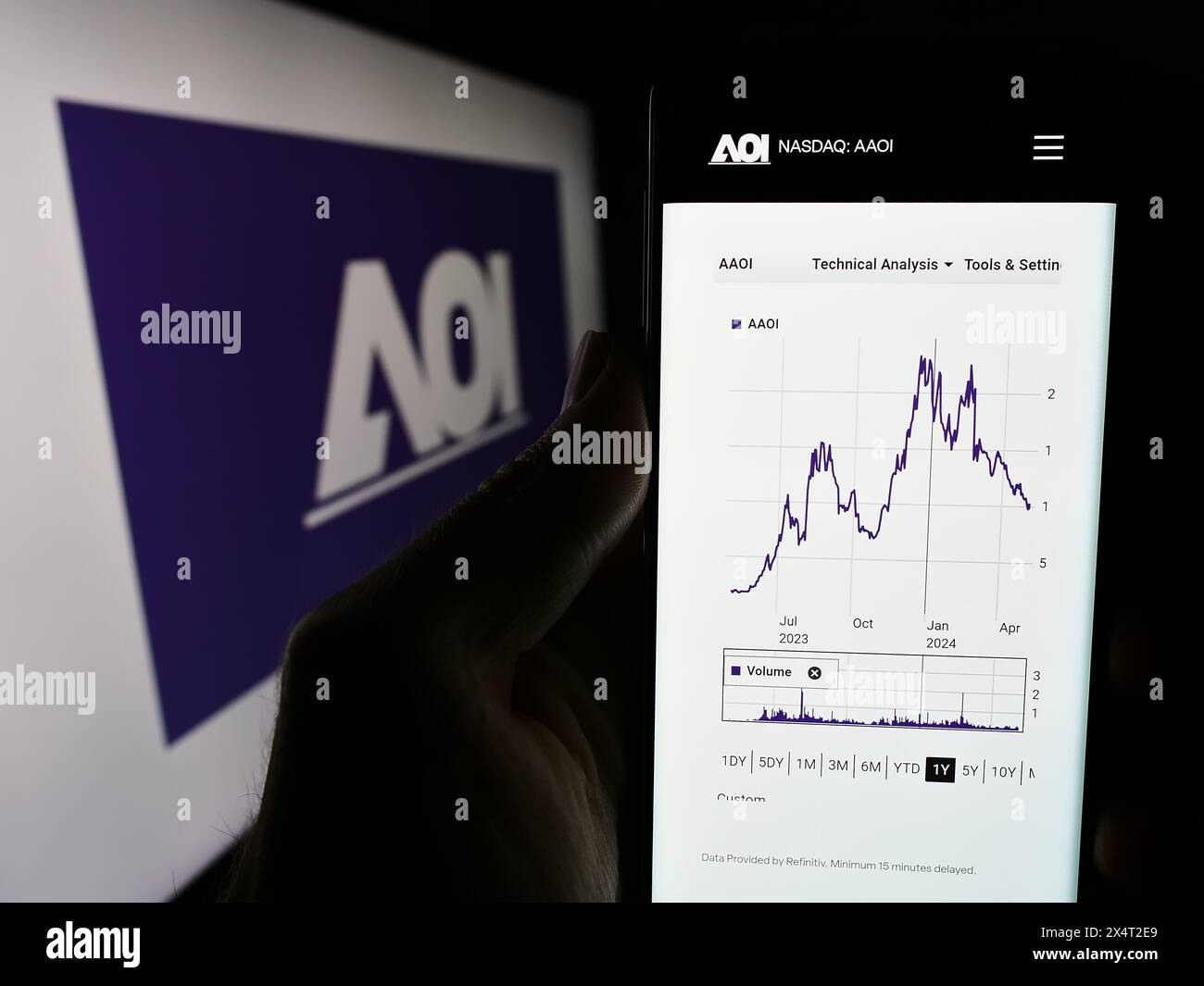 Person holding cellphone with website of US company Applied ...