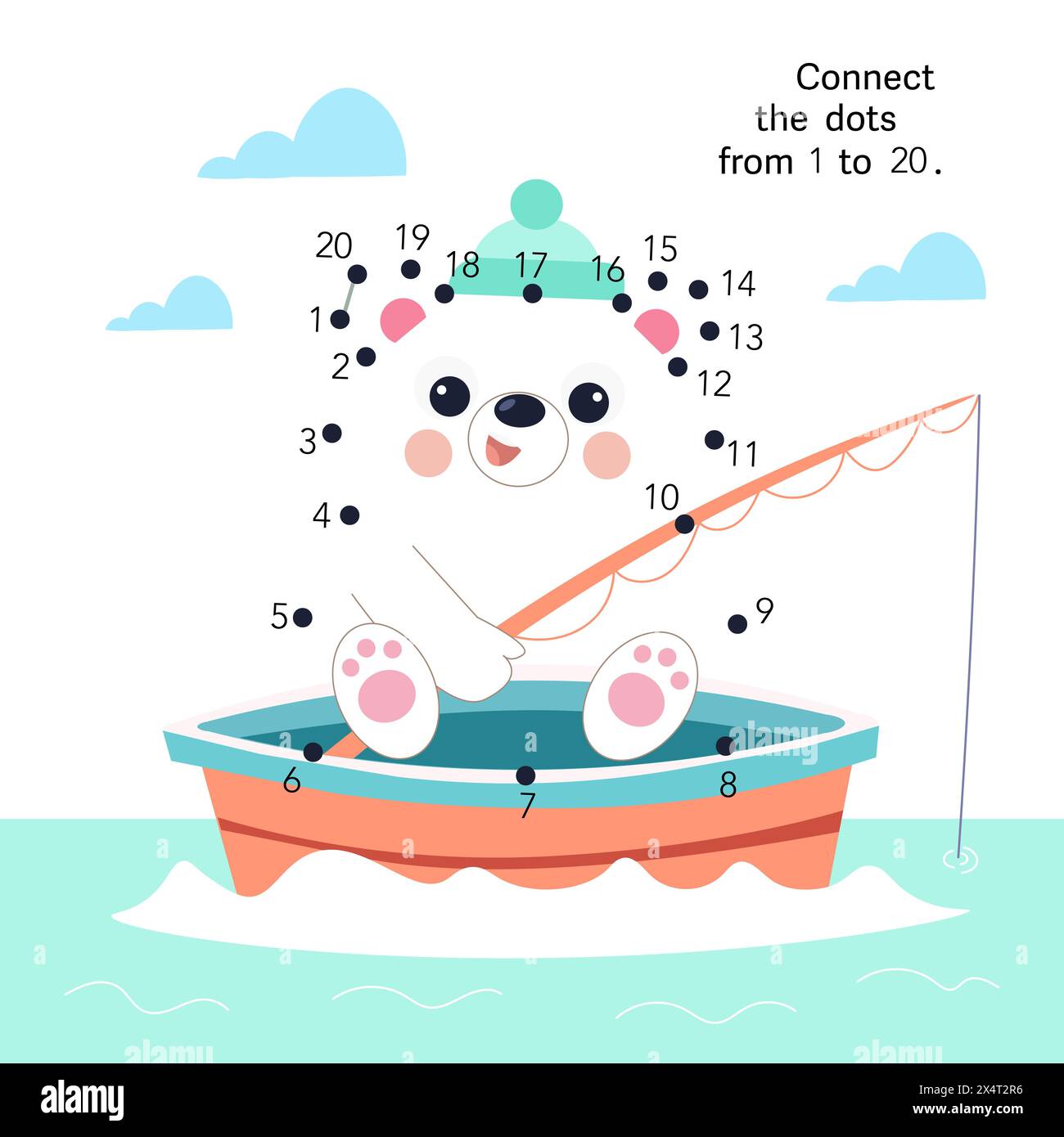 Dot to dot. Connect the dots from 1 to 20. Puzzle game for children. Cute bear in boat. Vector ...