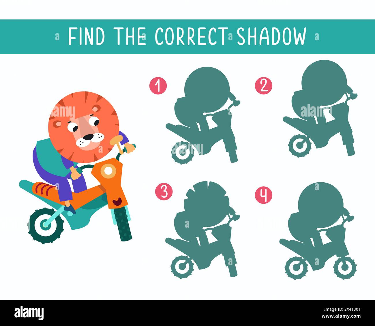 Find the right shadow. Puzzle Game for children. Cute lion on motorbike ...