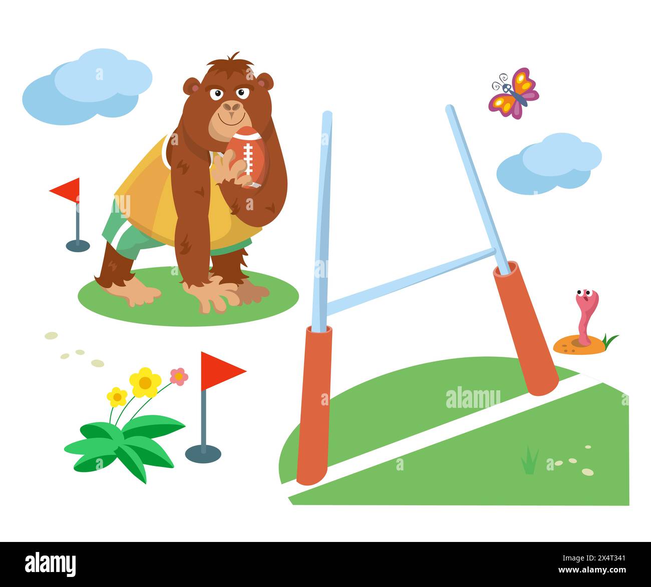 Cute gorilla playing rugby. Sport ball and goal. Vector cartoon ...