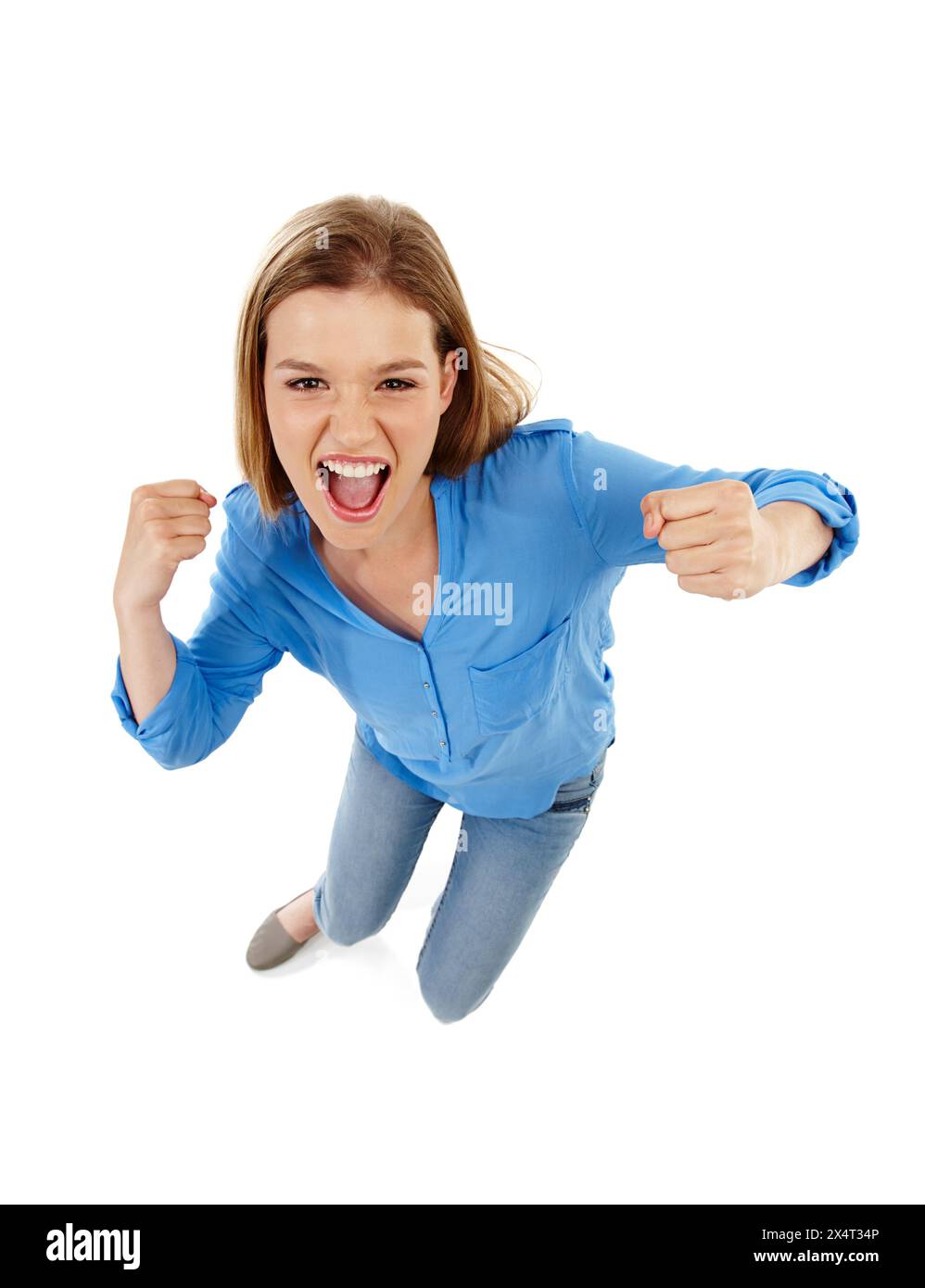 Woman, celebration and yes in studio for news or announcement of ...