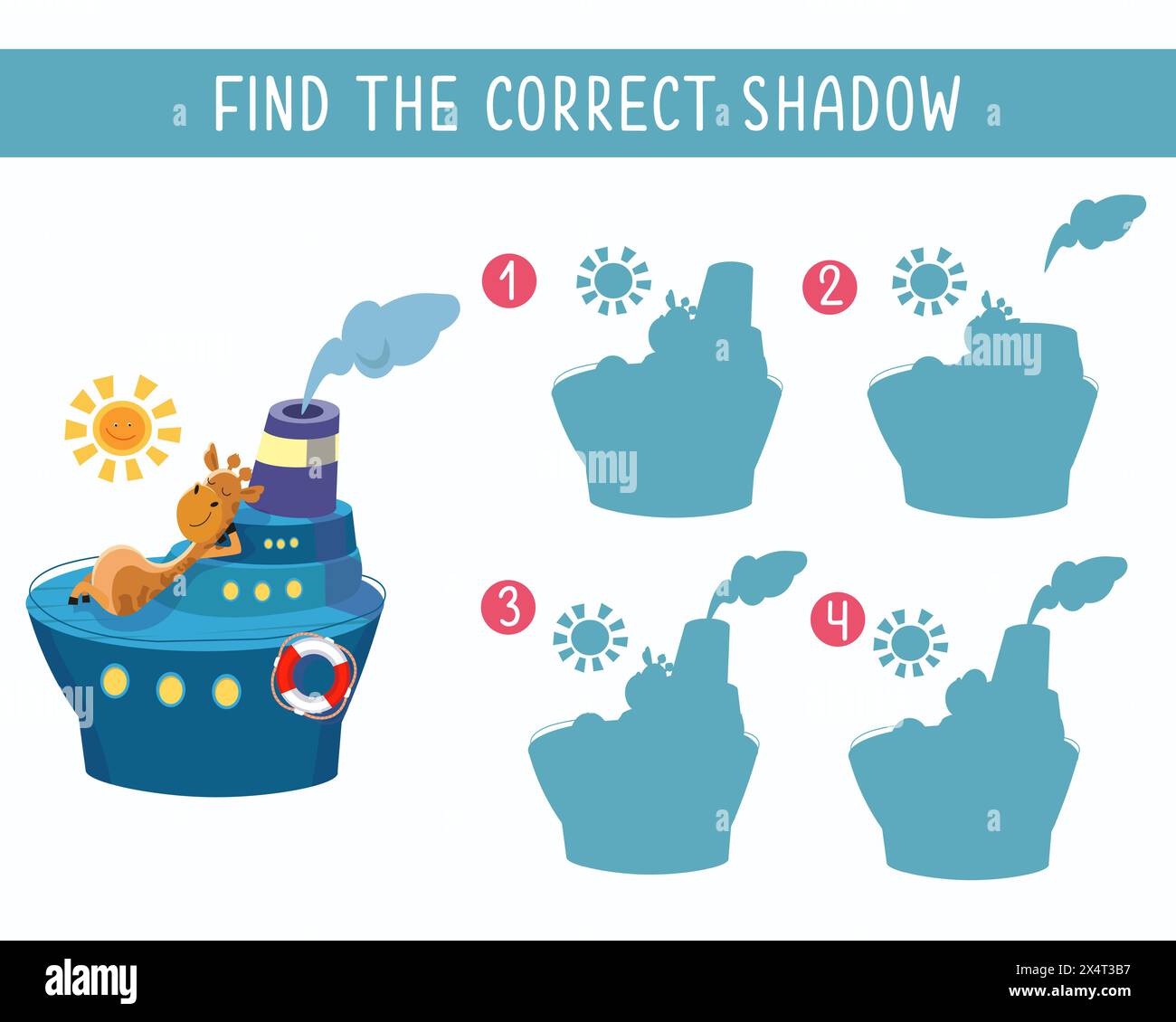 Find the right shadow. Game for children. Cute giraffe and ship on ...