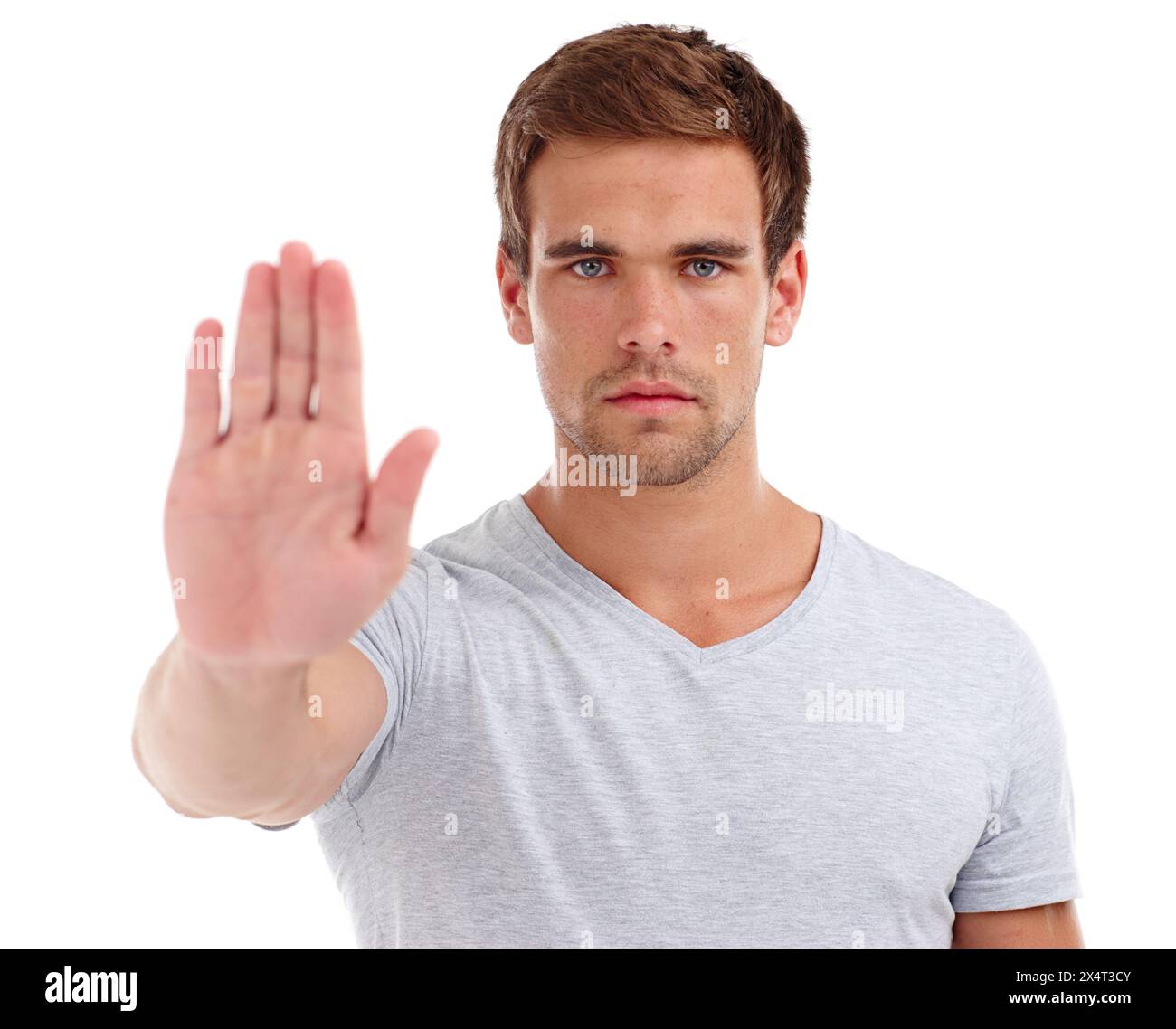Stop, serious and portrait of man on a white background for problem ...