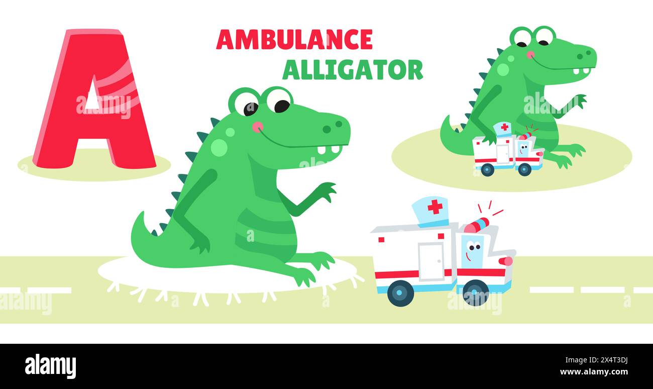Letter A. Alphabet, card with cute cartoon style characters. Alligator ...
