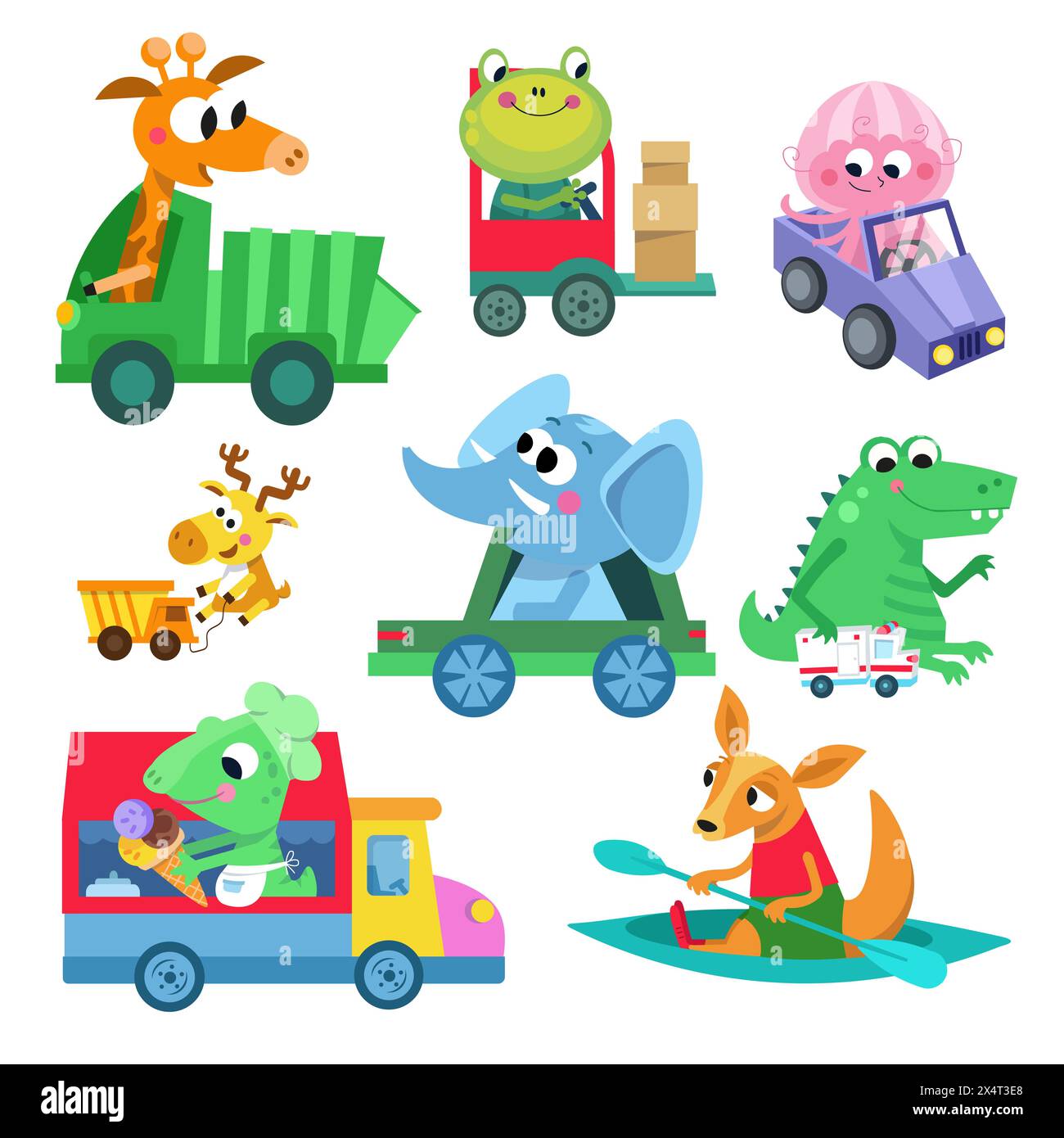 Cute characters in cars. Big set of transport and animals. Cartoon ...